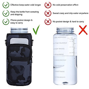 Insulated Neoprene Water Bottle Carrier Holder Sleeve - Fits 64oz Sport Water Bottle, with Adjustable Shoulder Strap & Pockets, Water Bottle Sling Bag Punch Cover for Gym Outdoor Camping Hiking(Black