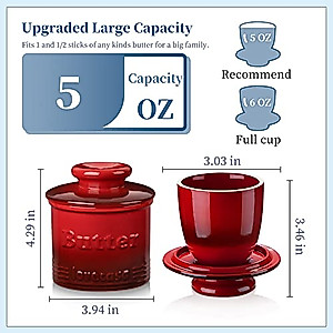 Porcelain French Butter Crock, LOVECASA Butter Dish for Counter with Water Line, Butter Keeper with Lid, Ceramic Butter Container, No More Hard Butter, Perfect Spreadable Consistency(Red)