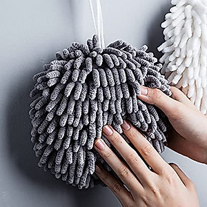WEIWODUZUN 2 Pack Fuzzy Ball Towel White and Gray, Dry Your Hand Instantly conveniently with This Creative Bath Towel Set Towels for Bathroom Kitchen Chenille Hand Towels (2 Pack + 2 Hooks)