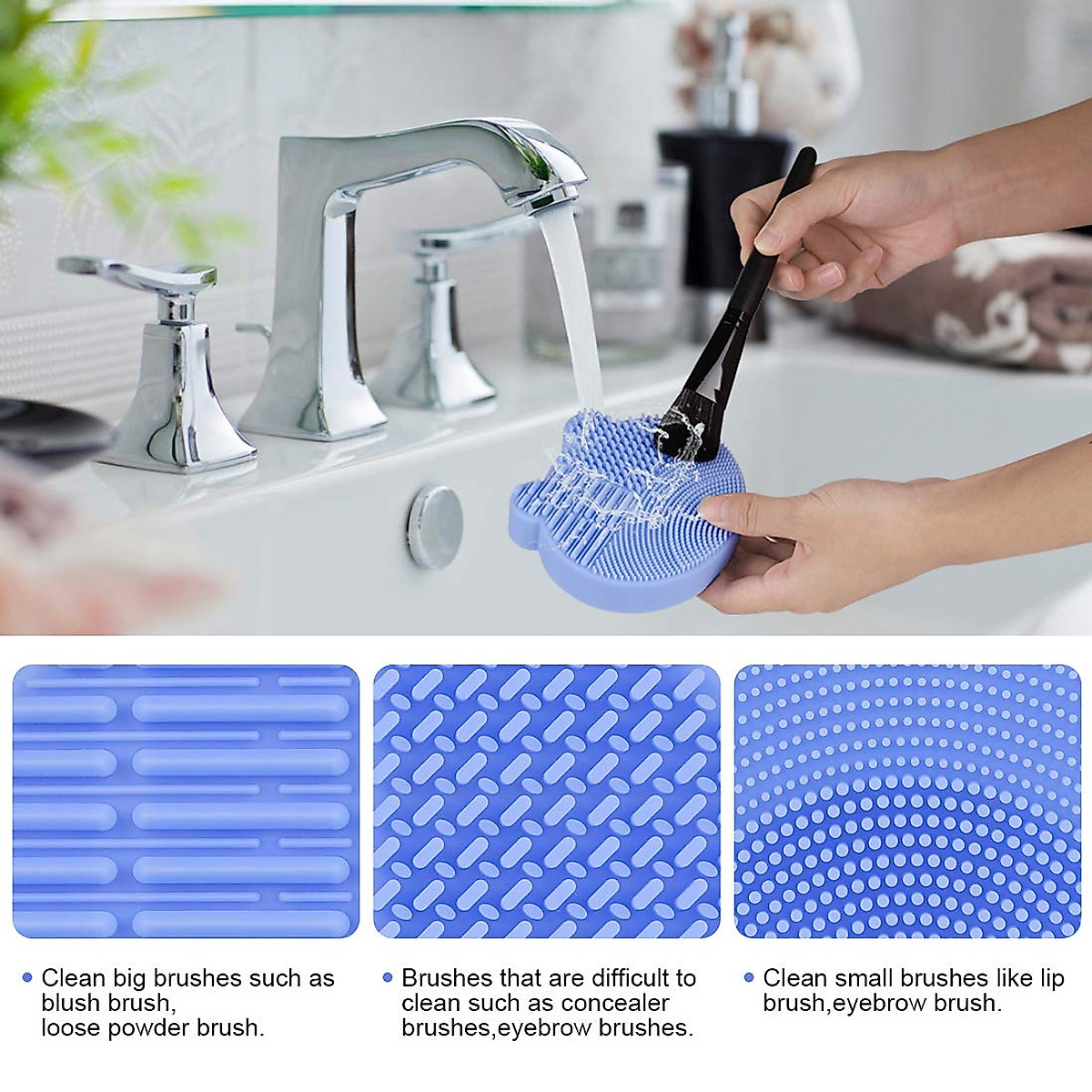 OMSM Brush Cleaning Mat+Color Removal Sponge，2 in 1 Silicone Brush Cleaning Mat with Holder for Storage&Air Dry Brushes,Clean Makeup Brushes Instantly-Blue