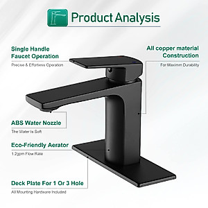 VOTON Black Bathroom Faucet Single Hole Bathroom Sink Faucet Modern Vanity Faucet, One Hole 3 Hole with Deck Plate, RV Camper Lavatory Bathroom Faucet