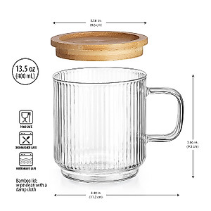 Glaver's Coffee Mug with Lid Borosillcate Glass Set of 2, 12 oz Ribbed Tea Cup With Bamboo Lid and or Coaster 2in1. For Espresso, Mocha, Cappuccino.