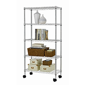 HSS 5 Shelf Wire Shelving Rack with Casters, 14" Dx30 Wx62 H, Chrome Color