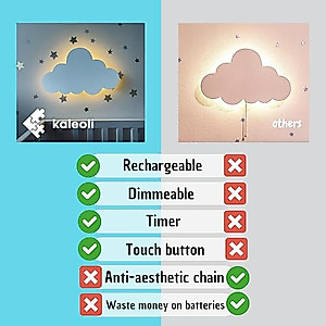 KALEOLI Nursery Cloud Light (Pack of 1) - 68 Star Wall Decals - Rechargeable (no Cord) - Baby Room Decor - Cloud Lights for Bedroom - Floating Cloud Lamp for Bedroom - Adjustable Dimmer - Timer