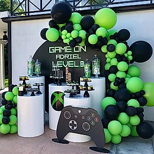 Video Game Balloon Garland & Arch Kit, 108Pcs Black Green Latex Balloons, 12inch 18inch Giant Balloons 16Ft Balloon Strip for Gaming Party Gamer Fan Birthday Decorations