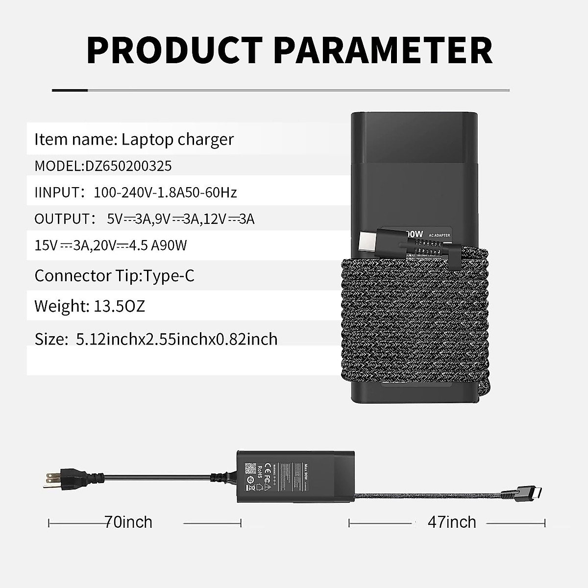 Slim 90W 65W USB-C Charger for Dell Laptop Charger : Dell XPS 13 9365 9360 9370, Latitude 5520 5420 3400 3500 5289 5300 2in1 7400 2in1,Inspiron 16 7620 2-in-1/14 7420 LA90PM170 DA90PM170