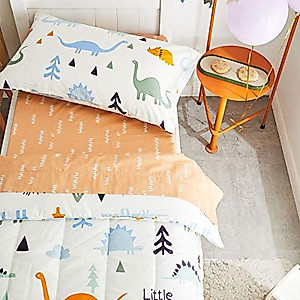 Joyreap 4 Piece Cotton Toddler Bedding Set for Kids Boys n Girls, Dinosaur Theme Cream White n Orange Reversible Design, Includes Quilted Comforter, Fitted Sheet, Top Sheet, and Pillow Case