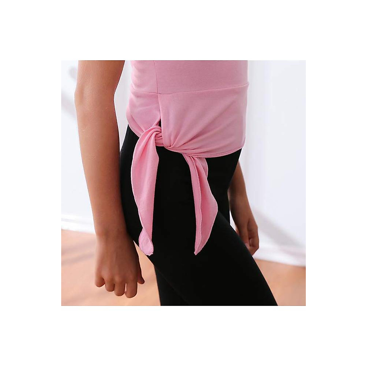 Girls Ballet Leotard Dance Outfits with Short Sleeves Top and Capri Leggings Kids Gymnastics Clothes Set Pink