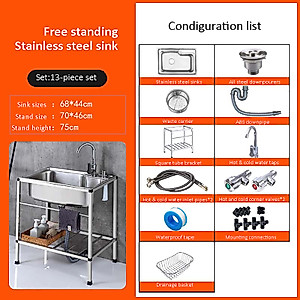 QQXX Commercial Kitchen Sink Single Bowl,Free Standing Stainless Steel Sink Set with Water Faucet,Utility Outdoor Sink for Washing,Heavy Duty Restaurant Sink for Laundry Backyard Home