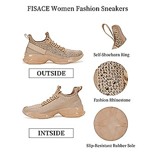 FISACE Womens Slip On Walking Shoes Glitter Rhinestone Breathable Lightweight Running Sneakers Rose