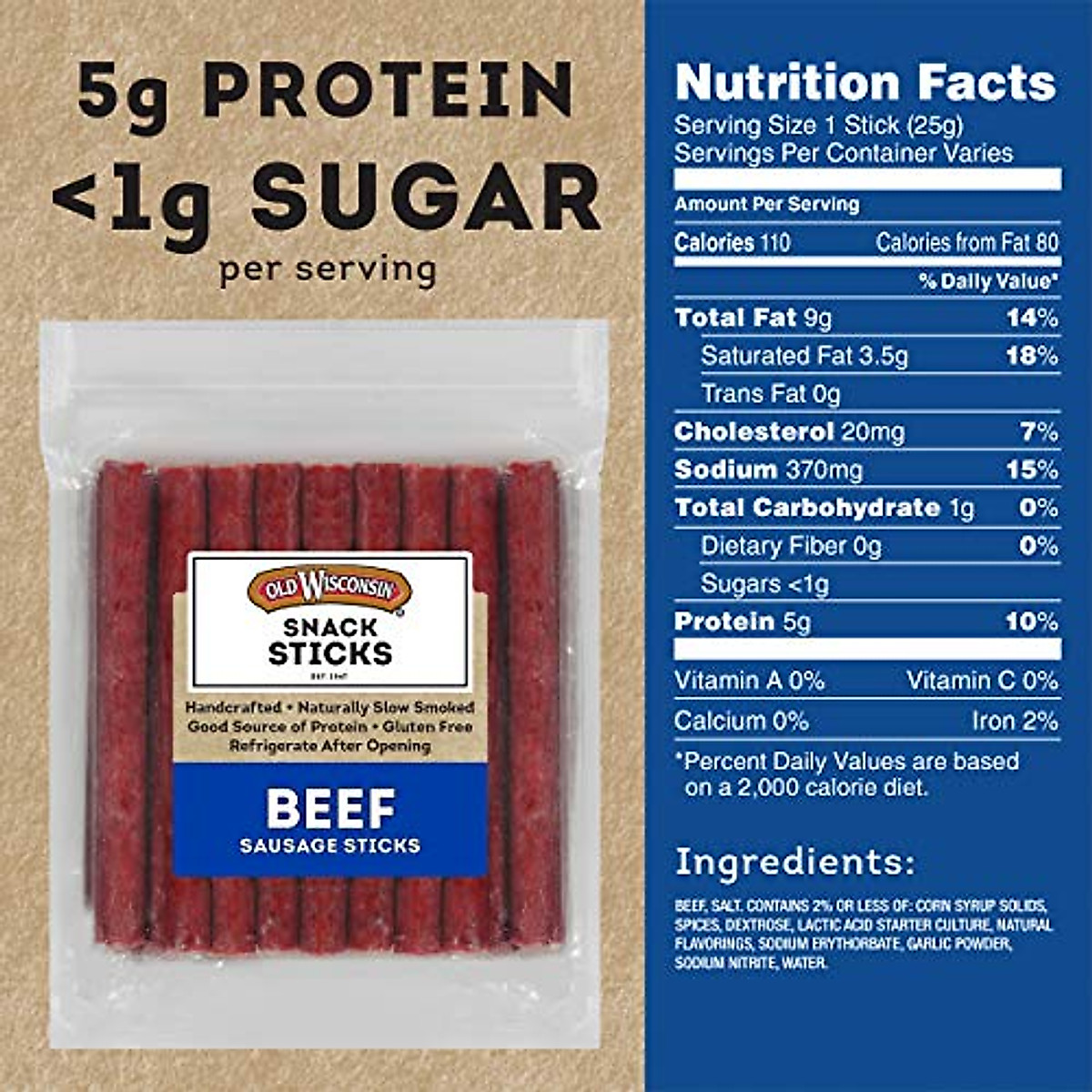 Old Wisconsin Beef Sausage Snack Sticks, Naturally Smoked, Ready to Eat, High Protein, Low Carb, Keto, Gluten Free, 26 Ounce Resealable Package