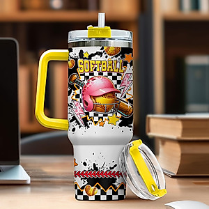 99OWL Green Water Yellow Black Handle Simply Straws Modern Simple Checkered White Tumblers, Softball Gifts, Softball Mom Checked, Tumbler 40 Oz With Handle Lid And Straw