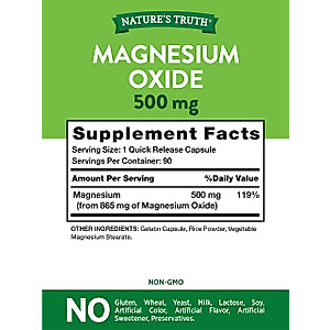 Magnesium Oxide 500mg Capsules | 90 Count | Non-GMO & Gluten Free High Strength Supplement | by Nature's Truth