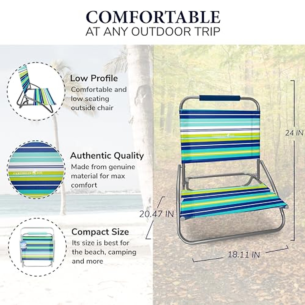 CARIBBEAN JOE Folding Beach, 1 Position Lightweight and Portable Foldable Outdoor Camping Chair, Blue Lime Stripe