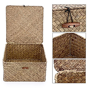 Hipiwe Wicker Shelf Baskets Bin with Lid Handwoven Seagrass Storage Basket Container Square Multipurpose Household Basket Boxes for Shelves and Home Organizer, Coffee Medium