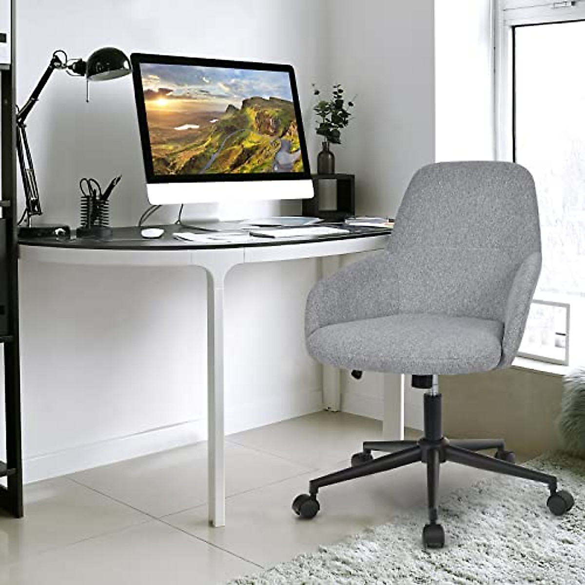 Giantex Fabric Office Chair, Upholstered Linen Leisure Chair, Ergonomic Desk Chair w/Rocking Backrest, Modern Vanity Chair, Swivel Adjustable Task Chair for Bedroom & Study (Grey)