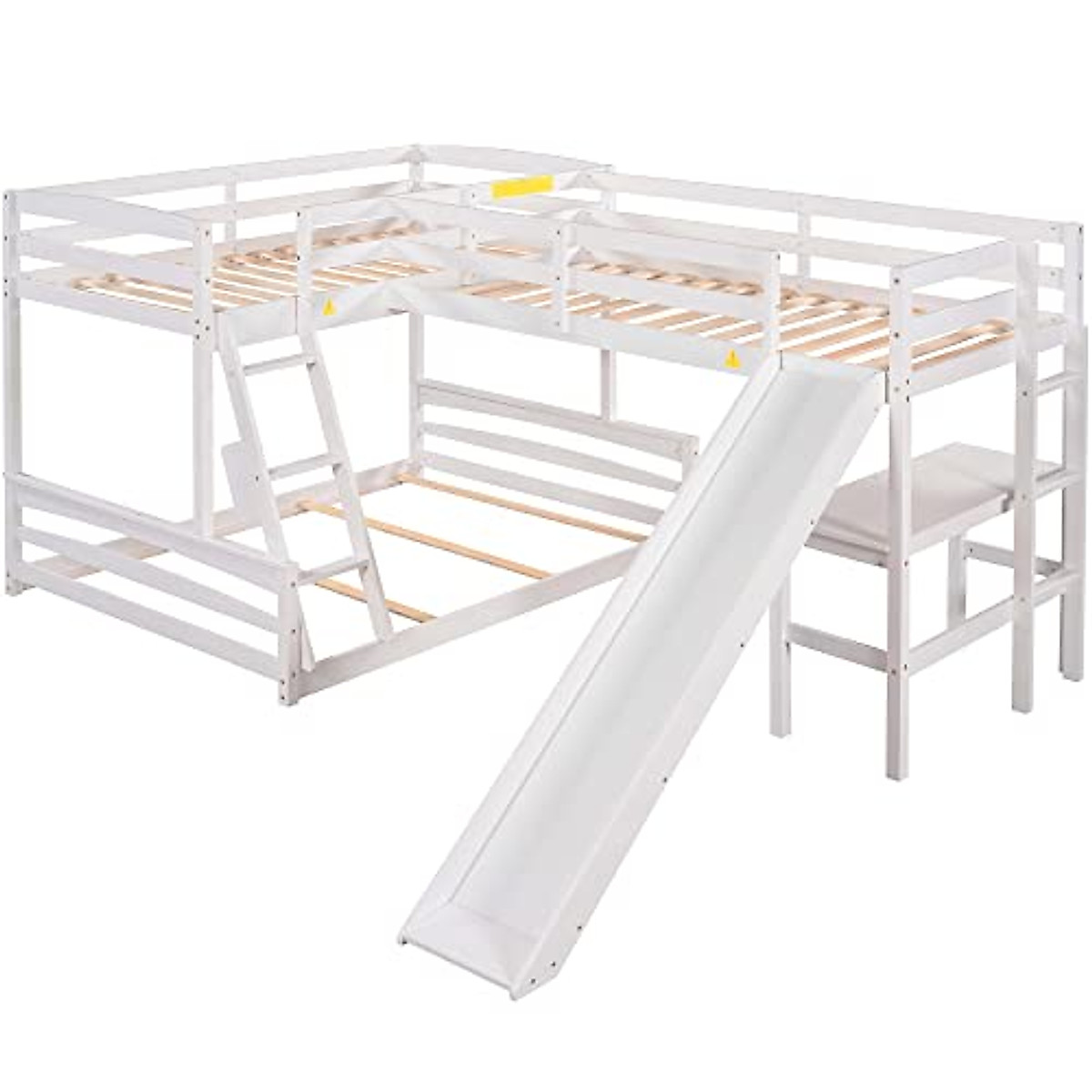 Merax Wood L-Shaped Bunk Bed with a Loft Attached, Triple Bedframe with Desk, Slide, and Guardrails, Twin Over Full, White