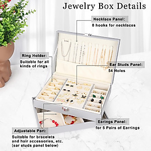 LOMEVE Jewelry Box with Removable Tray, PU Leather Jewelry Organizer Box for Necklace, Earring, Ring, Silver Gray Travel Jewelry Case for Christmas Birthday Gift