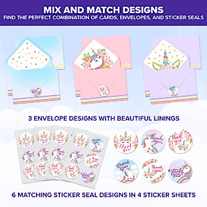 Decorably Thank You Cards with Envelopes & Stickers, Gold-Foiled Kid Cards, 24 Pack Unicorn Thank You Cards, Blank Inside Unicorn Thank You Cards Kids Birthday, 6x4in Kid Thank You Cards Kids