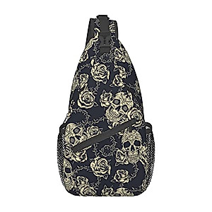 YANGDADA Vintage Tattoo Skull And Roses Sling Bag Crossbody Backpack Sling Backpack Shoulder Bag Casual Daypacks for Women Men Cycling Hiking Travel