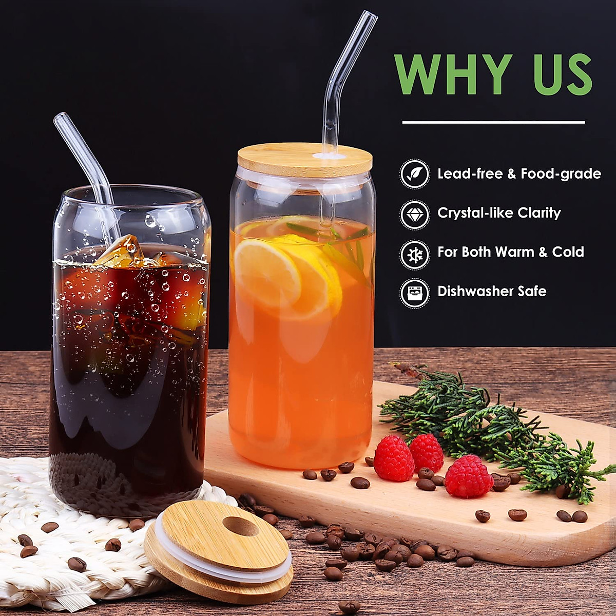 2Pack 16OZ Glass Cups with Lids and Straws ，Smoothie Cup Glass Tumbler with Straw and Lid,Iced Coffee Cup with Lids and Glass Straws ，for Coffee Bar Accessories，Juice, Boba, Smoothie, Tea, Kombucha