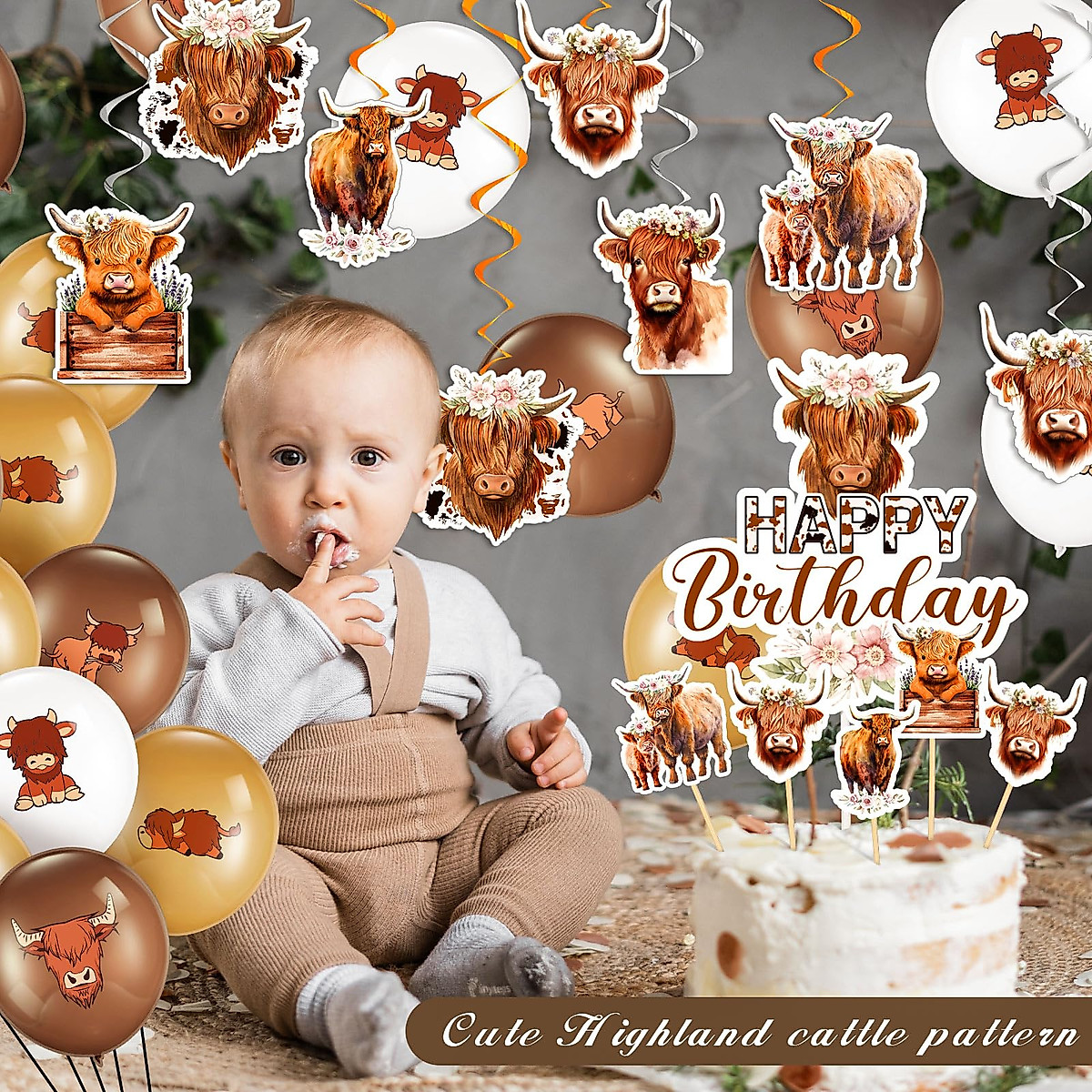 Libima 99 Pieces Highland Cow Birthday Decorations Include 25 Highland Cow Cake Toppers 50 Pcs 12 Inch Cattle Latex Balloons and 24 Highland Cow Hanging Swirls for Highland Cow Cattle Birthday Party
