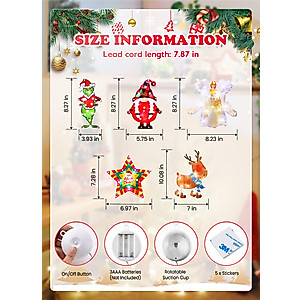 Brightown Christmas Window Lights Decorations, LED Christmas Hanging Lights Stole Green Monster Dwarf Deer Angel Star Shaped Battery Operated with Suction Cup Hook for Xmas Tree Window Indoor Decor