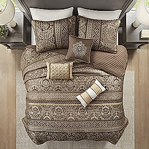 Madison Park Quilt Traditional Damask Design All Season, Lightweight Coverlet Bedspread Bedding Set, Matching Shams, Pillows, King/Cal King(104"x94"), Bellagio, Jacquard Brown/Gold 6 Piece (MP13-369)