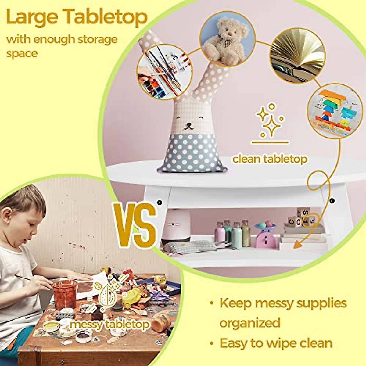 Bateso Kids Table and Chair Set, Toddler Wooden Round Table & 4 Chairs Set​ with Large Storage Space, 5-Piece Children Furniture Set for Home, Daycare, Playroom, Kindergarten