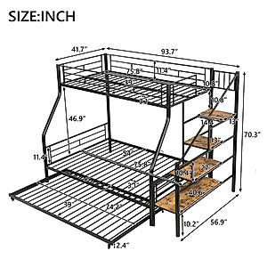 Jintop Twin Over Full Size Metal Bunk Bed with Trundle and Storage Staircase,Bedroom Heavy Duty Bed Frame W/Full-Length Guardrail,Save Space,for Kid Boy Girl Adult,Black