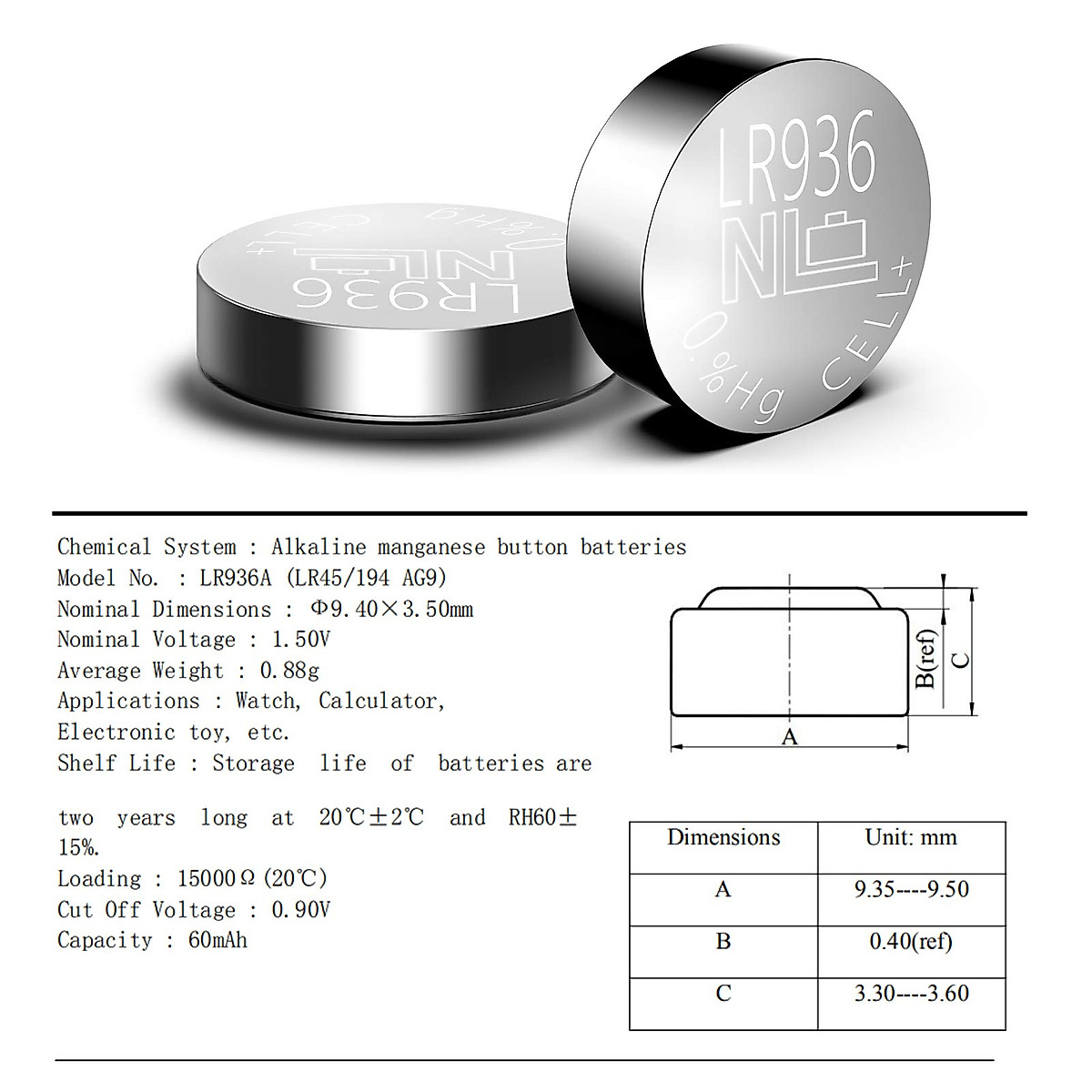 PKCELL LR936 Batteries LR45 1.5V AG9 Battery G9 194 394 Button Cell Watch Batteries 20Pcs