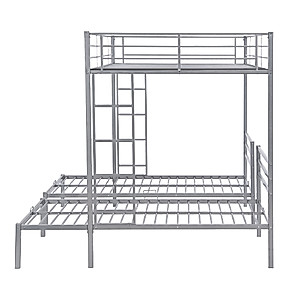 Oudiec Triple Bunk Bed,Full Over Twin&Twin Size Bunk Bed with Built-in Shelf&Ladders,L-Shaped Bunk Bed with Full-Length Guardrails, Space-Saving, Noise-Free, Silver