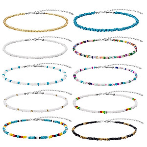 Beaded Necklace, Choker Necklace for Women, Bohemian Seed Bead Necklaces Handmade Flower Necklace Y2K Necklace Summer Beach Necklaces Boho Cute Necklaces for Teen Girls (Set#3-10Pcs)