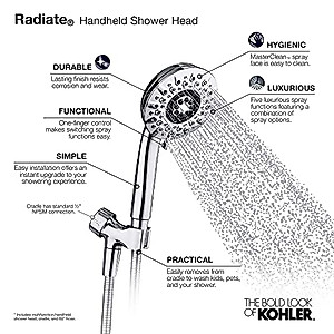 Kohler Handshower, Radiate, 1.75 GPM, Multifunction Handshower, 5-spray handshower, Polished Chrome, Includes Handshower Hose, K-R75562-G-CP