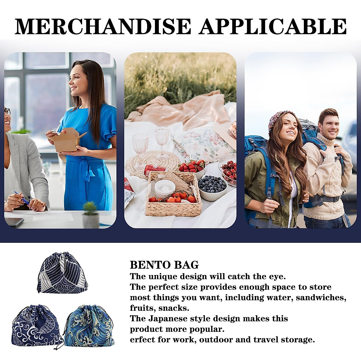 3PCS Lunch Tote Bag Japanese Style Drawstring Bento Pouch Portable Bento Storage Bag for Work Picnic or Travel, Blue