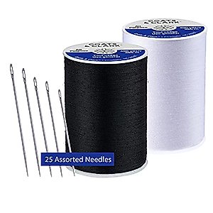 Coats & Clark 2 Pack - 1 Black and 1 White Dual Duty All Purpose Thread - 400 Yards Each Spool - Bundled with 25 Assorted Hand Needles