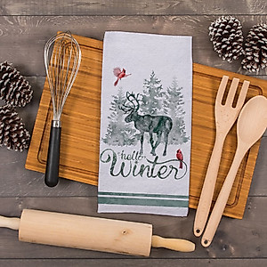 Seliem Hello Winter Watercolor Pine Trees Kitchen Dish Towel Set of 2, Cardinal Reindeer Blue Grey Hand Drying Baking Cooking Cloth, Red Bird Farmhouse Snow Holiday Decor Home Decoration 18 x 26 Inch