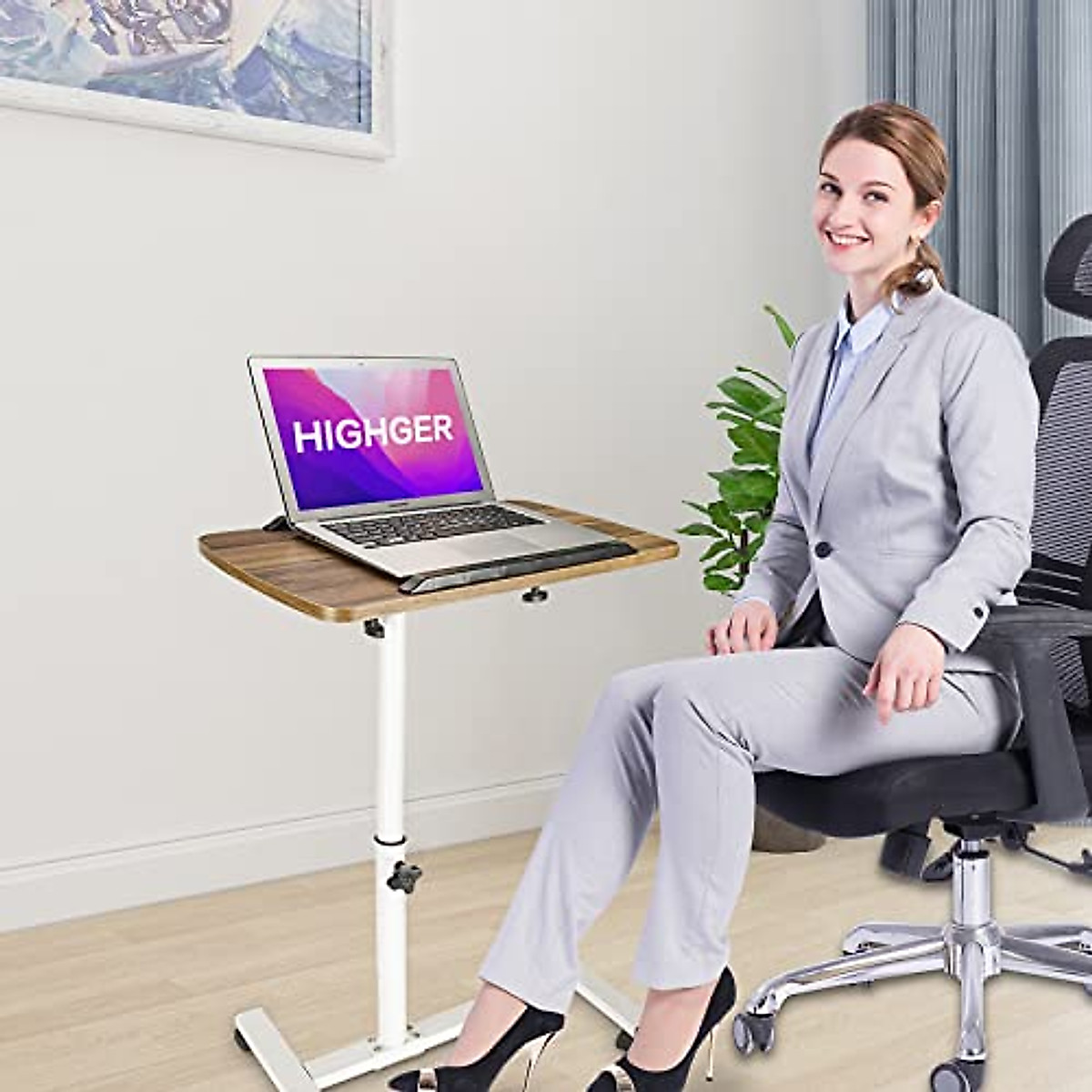Highger Standing Desk Height Adjustable Laptop Desk, Portable Laptop Cart with Tilt-able Swivel Desktop, Ergonomic Rolling Desk with Wheels for Home Office
