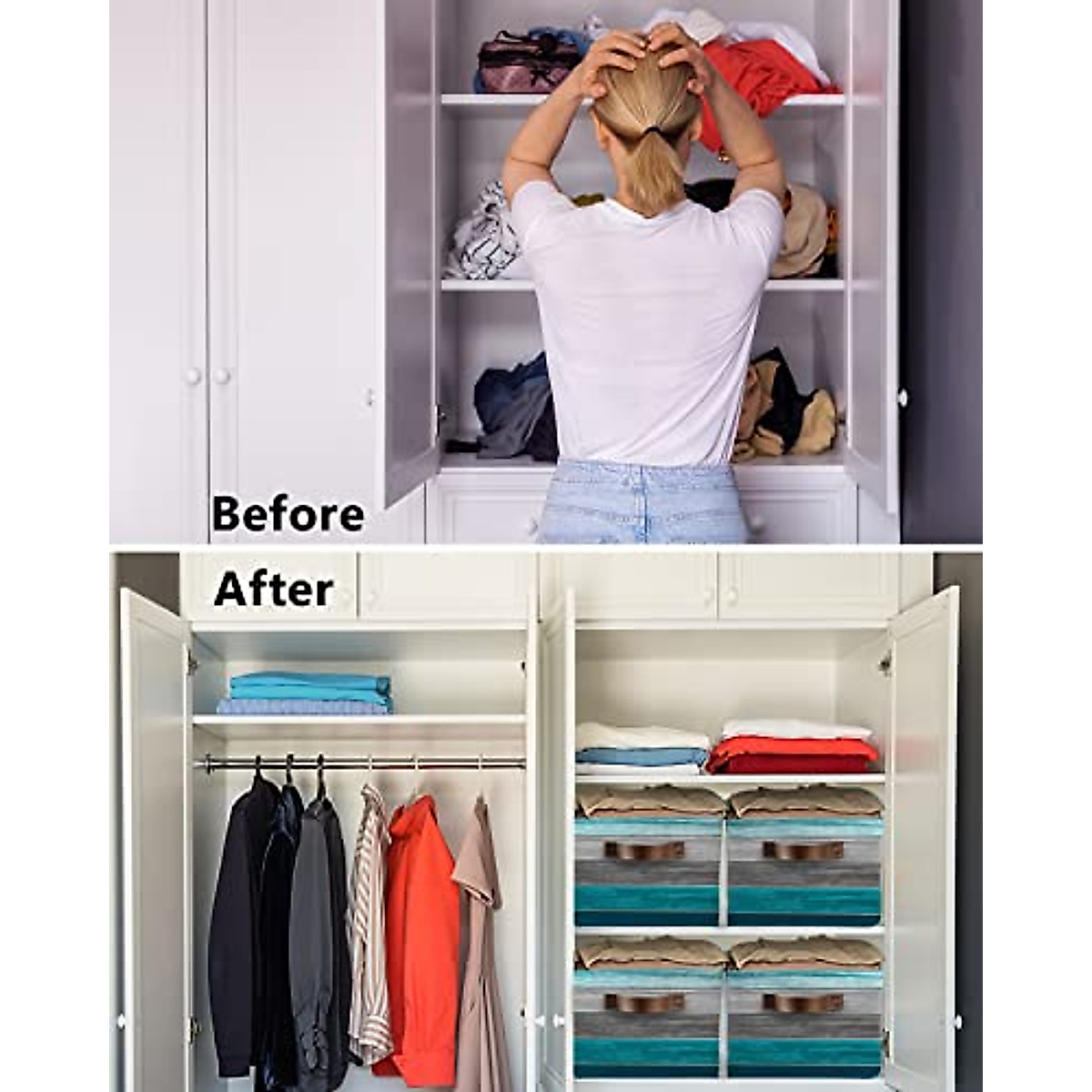 Turquoise Grey Ombre Wood Storage Basket Waterproof Cube Storage Bin Organizer with Handles, Beach Nautical Anchor Ocean Coastal Collapsible Storage Cubes Bins for Clothes Books Toys 15"x11"x9.5"