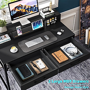 VEELOK Computer Desk with Drawers, 47" Home Office Desk with Monitor Shelf, Writing Desk with Storage, Gaming Desk Work Desk Study Desk for Bedroom, Black