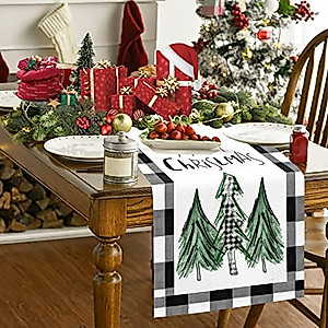 Jbralid Merry Christmas Trees Table Runner 72 Inch Xmas Winter Holiday Black and White Buffalo Plaid Table Cloth Decorations for Home Dining Room Party Decor