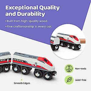 Maxim Enterprise, inc. Wooden Bullet Train, Wooden Train Set of 2 Modern Engines 1 Sleek Passenger Car with Magnetic Connectors, Compatible with Thomas & Friends, BRIO, Other Major Brands