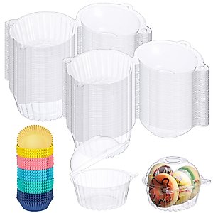 Amyhill 200 Set Cupcake Holders Individual with Cupcake Liners Including 200 Disposable Clear Plastic Cupcake Containers with Dome Lid and 300 Paper Cupcake Wrappers for Baking Muffin, Cat Style