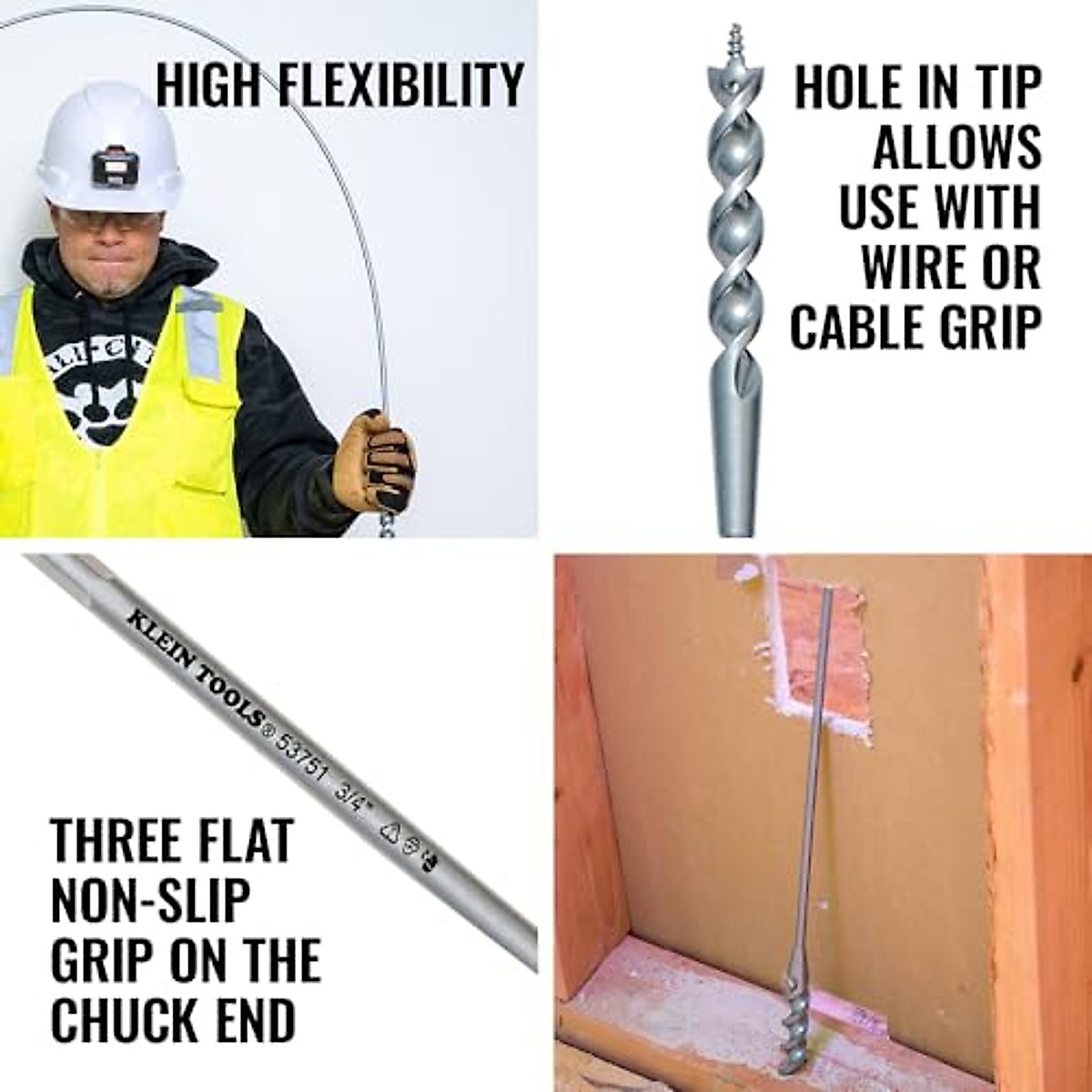 Klein Tools 53751 Flex Bit Auger with Screw Point, 3/4-Inch x 72-Inch Long Flexible Drill Bit / Fish Bit for Pulling Wire Behind Walls