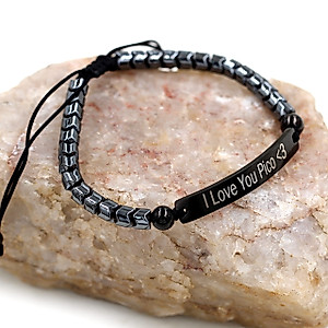 Natural Black Hematite Stone Beads Engraved Name ID Bracelet for Men Women Customized Kids Name Bracelet for Mom Dad Y1457