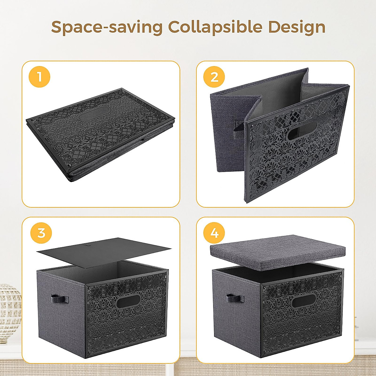 Iirios Storage Bins With Lids, 3 Pack Linen Foldable Storage Bins, Metal Clothes Storage Containers with Handles, Stackable Storage Baskets for Clothing, Blanket, Comforters, Pillows and Toys (Black)