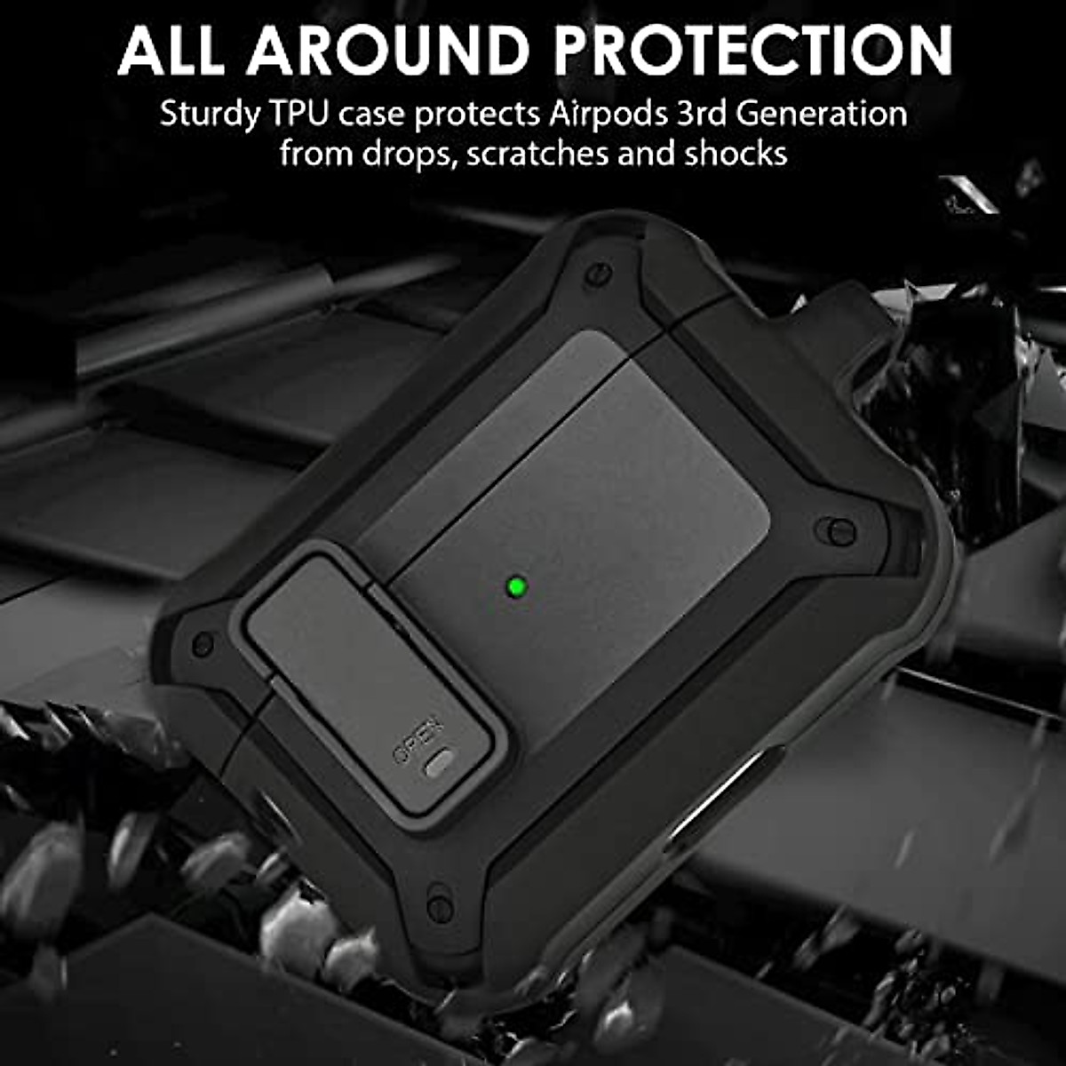 Filoto AirPods 3 Case, Secure Lock Shockproof Protective Apple Airpod 3rd Generation Cover Cool TPU Case for Air Pod 3 Wireless Charging Case with Carabiner Keychain Accessories (Black)