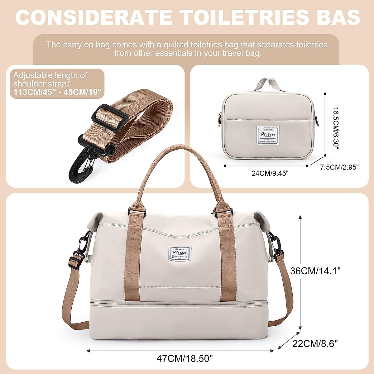 Weekender Bags for Women, Travel Duffel Bags with Shoe Compartment,Personal Item Travel Bag for Airlines, Carry on Overnight Tote Bag for women with Toiletry Bag，Beige&Brown