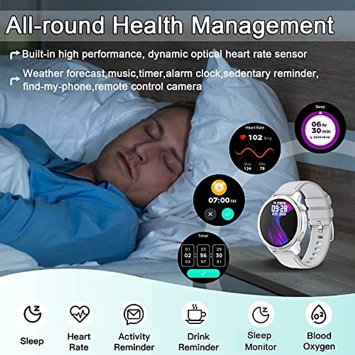 Naudug Smart Watch for Men Women ,Phone Call(Make & Answer) Smartwatch,IP68 Waterproof,Fitness Tracker, Pedometer,Message Notification,Music Player,Health Monitor,Compatible with iOS Android Phones