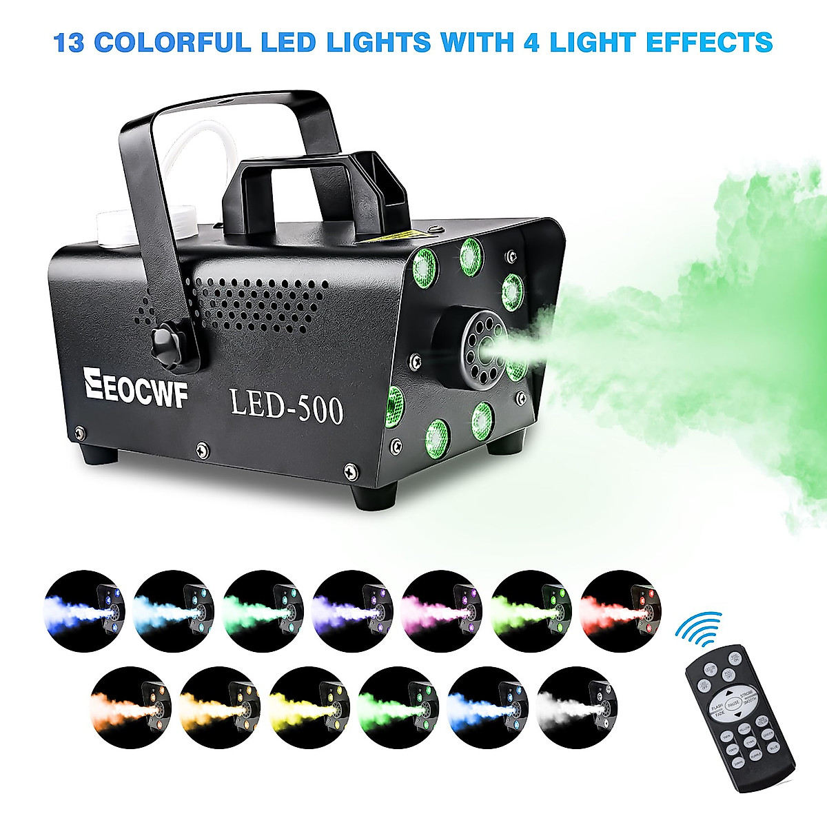 Upgraded Smoke Machine Fog Machine, 2000CFM Fog 8 LED and 13 Colors Lights Timing Remote Control Auto Spray, 500W Professional Stage Fogger for Christmas Halloween Party DJ Show Wedding Indoor Outdoor